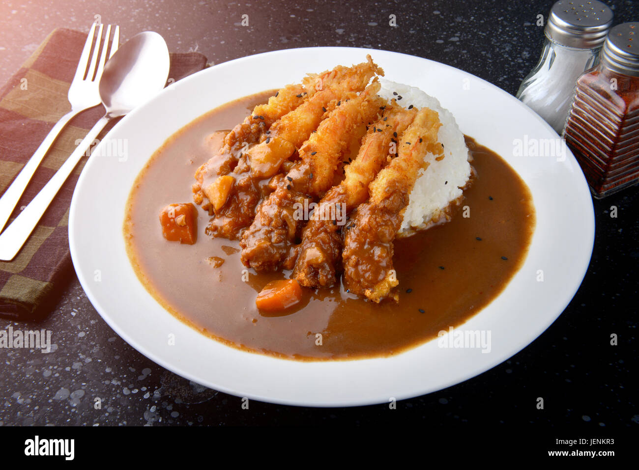 Rice with deep fried shrimp and curry in Japanese style or ebi kare in ...