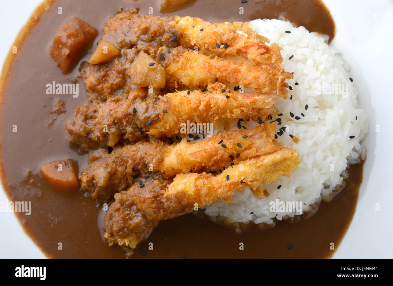Rice with deep fried shrimp and curry in Japanese style or ebi kare in ...
