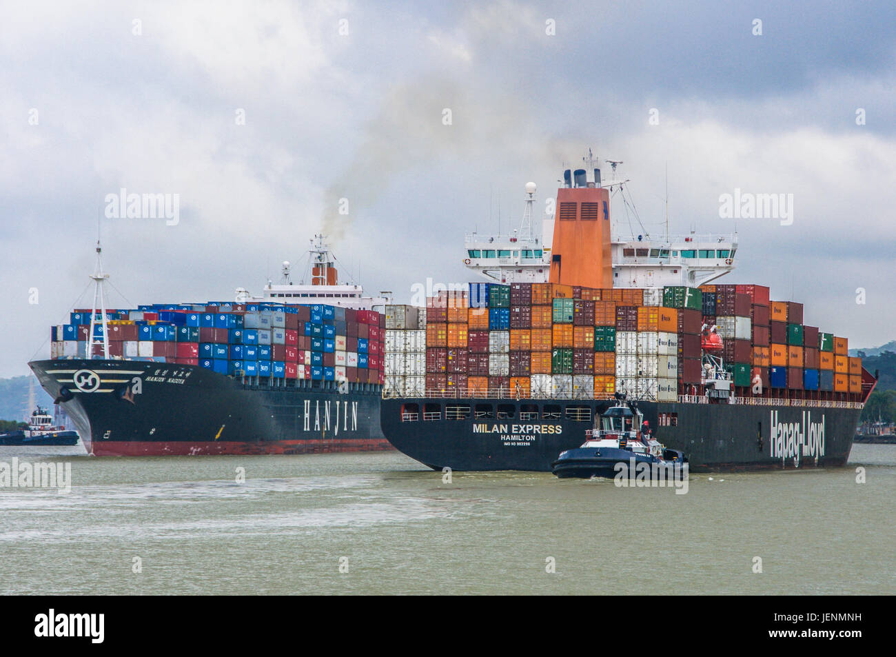 2 Container cargo ships in the Panama Canal Stock Photo - Alamy