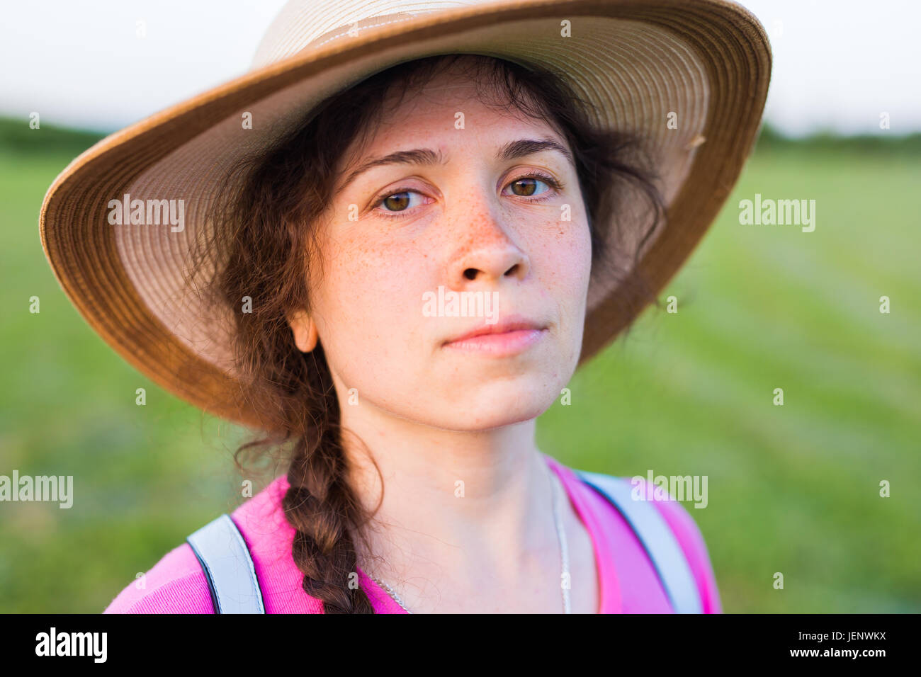 Close up portrait woman with freckles in summer nature Stock Photo - Alamy