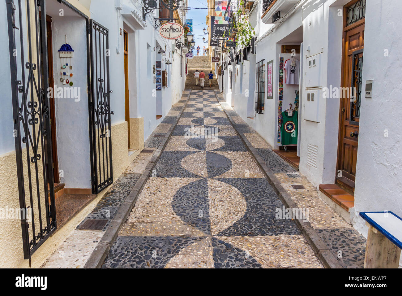 Narrow shopping street in the center of Altea, Spain Stock Photo - Alamy