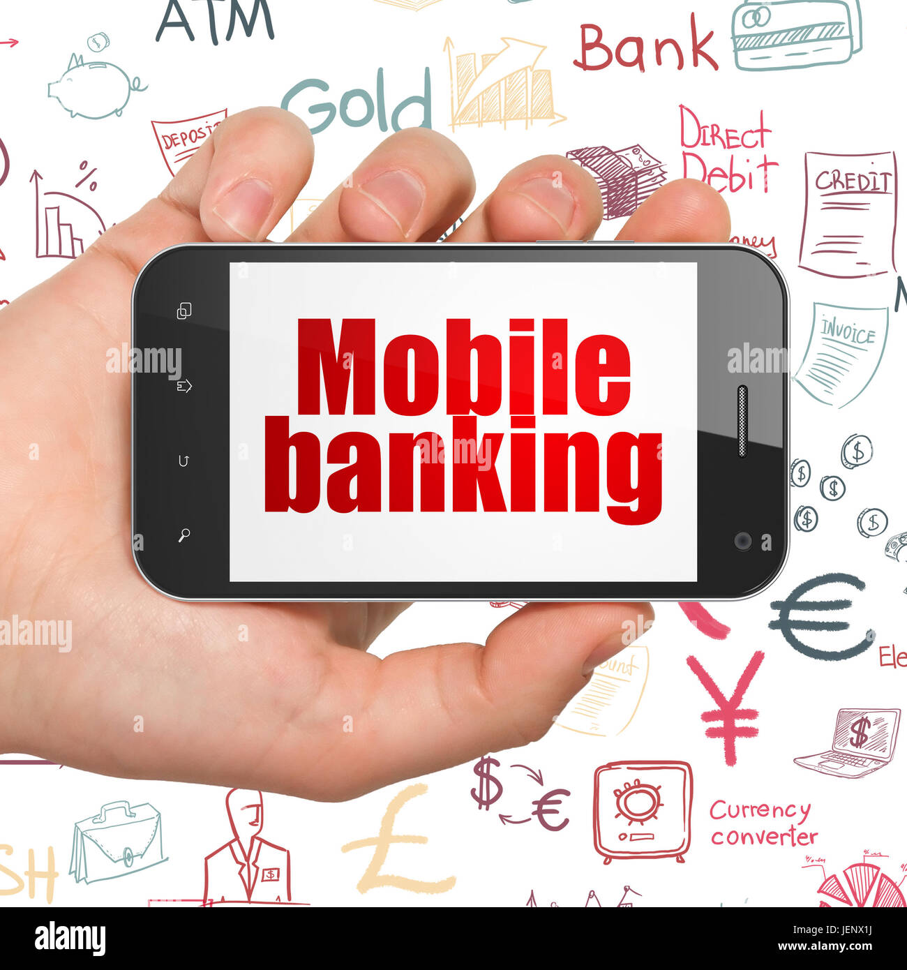 Money concept: Hand Holding Smartphone with Mobile Banking on display ...
