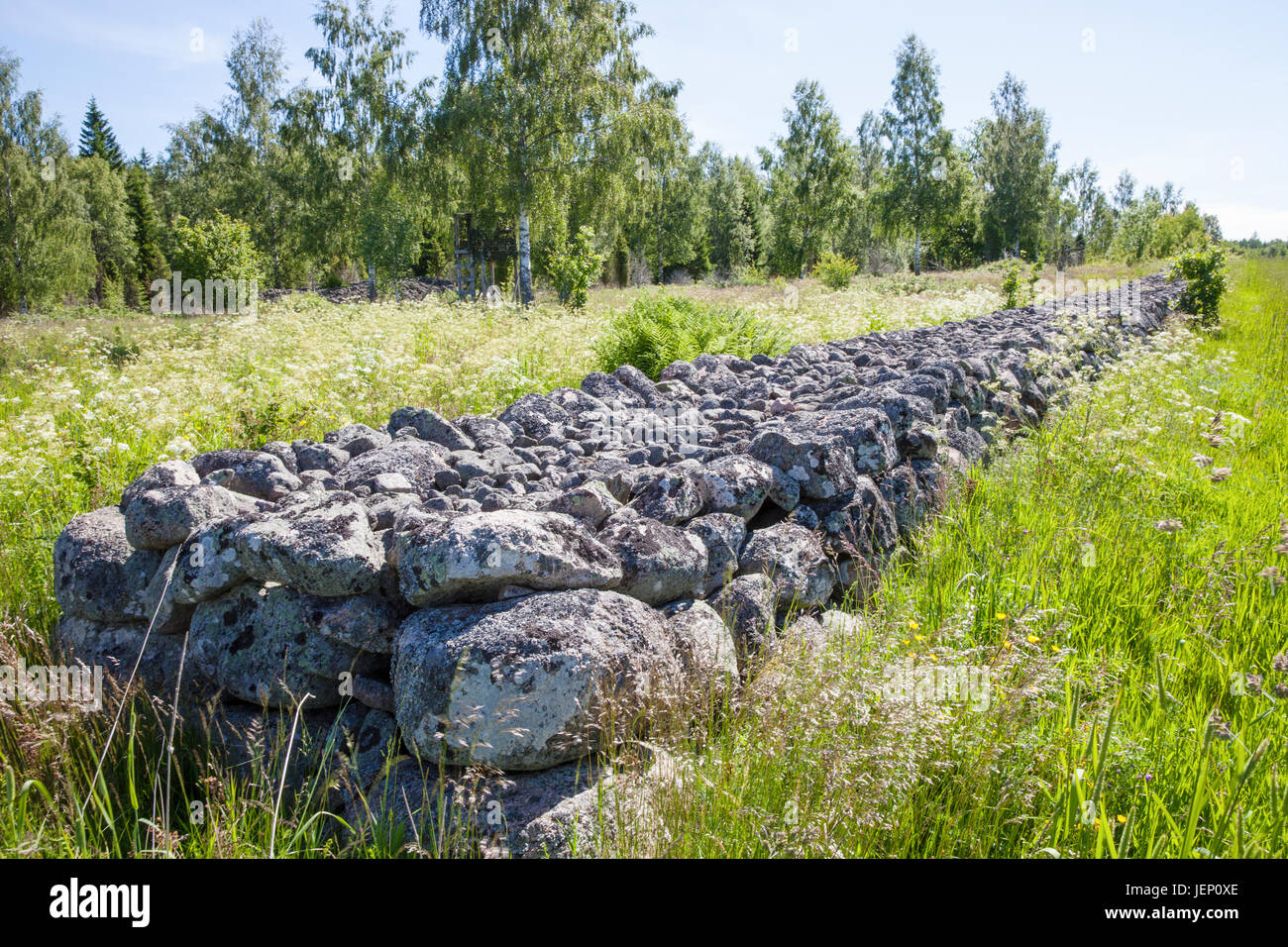 Stone wall on meadow Stock Photo - Alamy