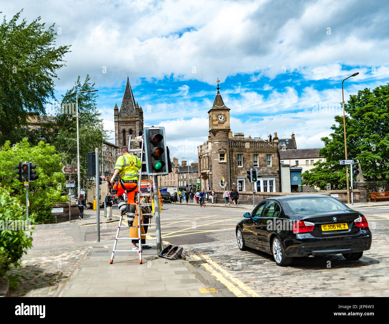 Traffic light road works in Stockbridge, Edinburgh, Scotland Stock ...