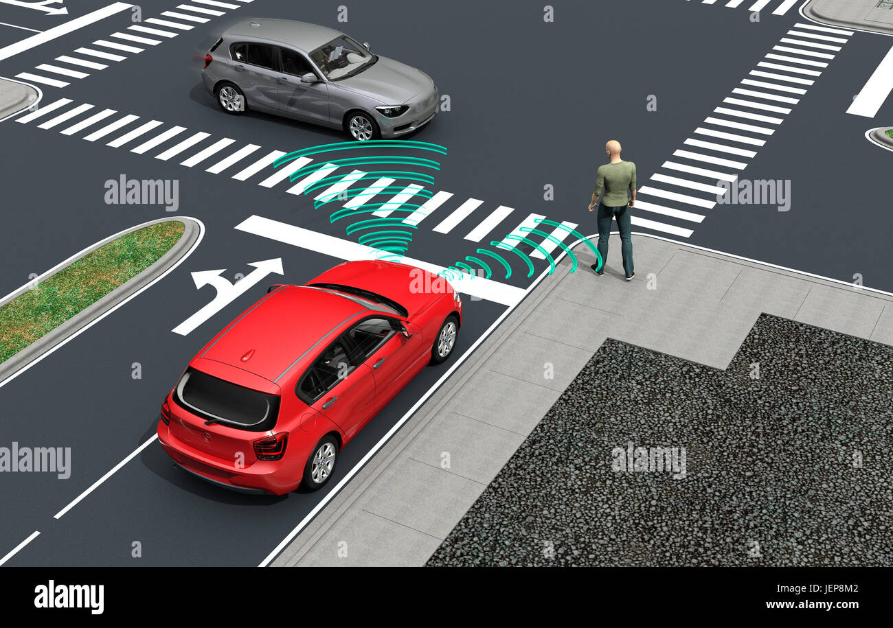 self driving electronic computer cars on road, 3d illustration Stock ...