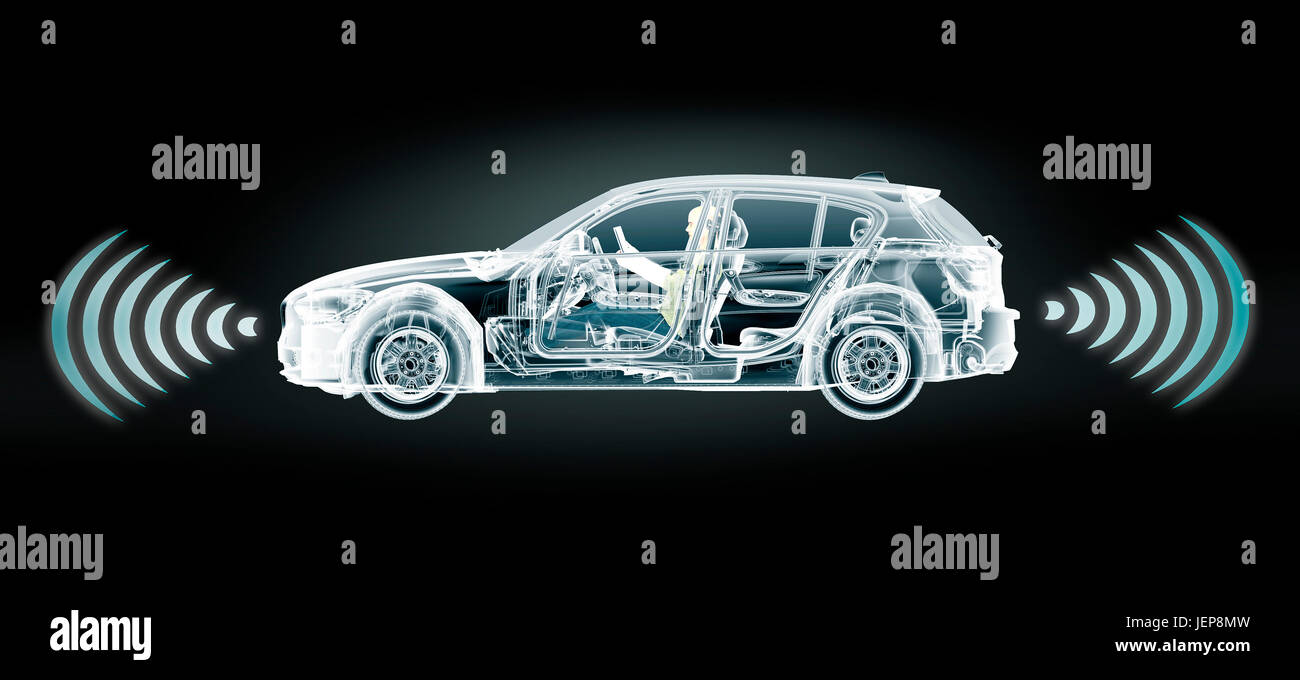 self driving electronic computer cars on road, 3d illustration Stock ...