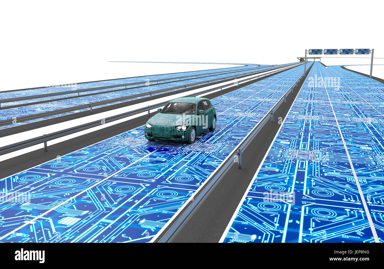 self driving electronic computer car on road, 3d illustration Stock ...