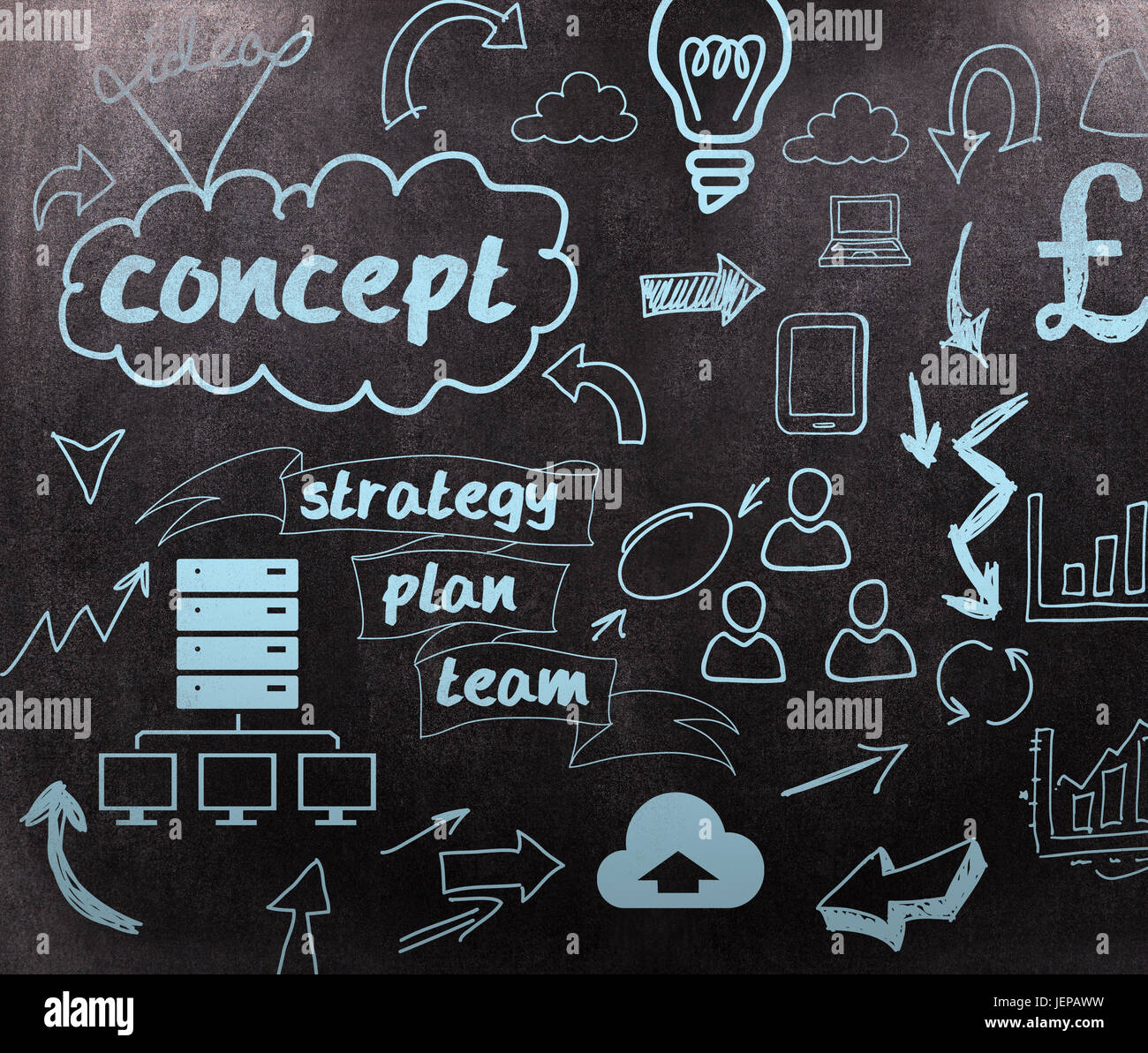 Composite image of hand drawing brainstorm with chalk on chalkboard ...