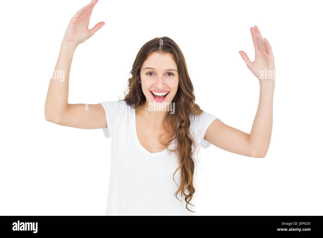 Happy woman raising hands Stock Photo - Alamy