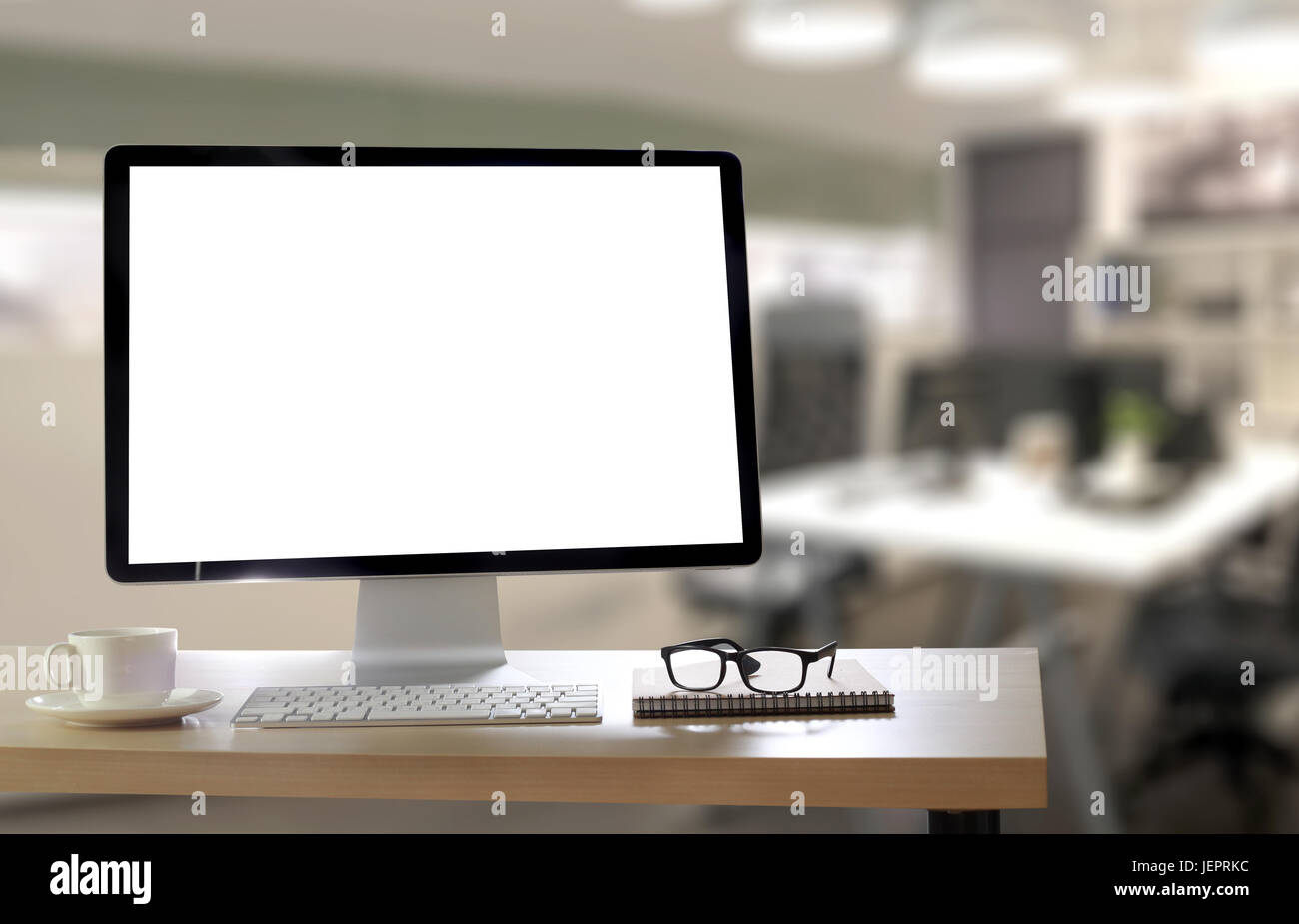 working Businessman using a desktop computer of the blank screen Stock ...