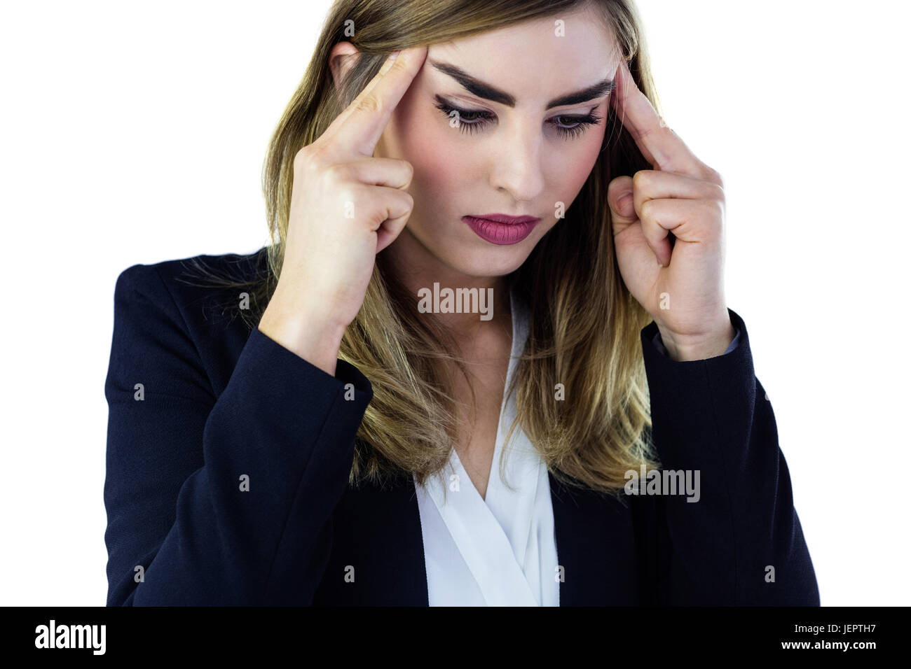 Woman touching her temples Stock Photo - Alamy