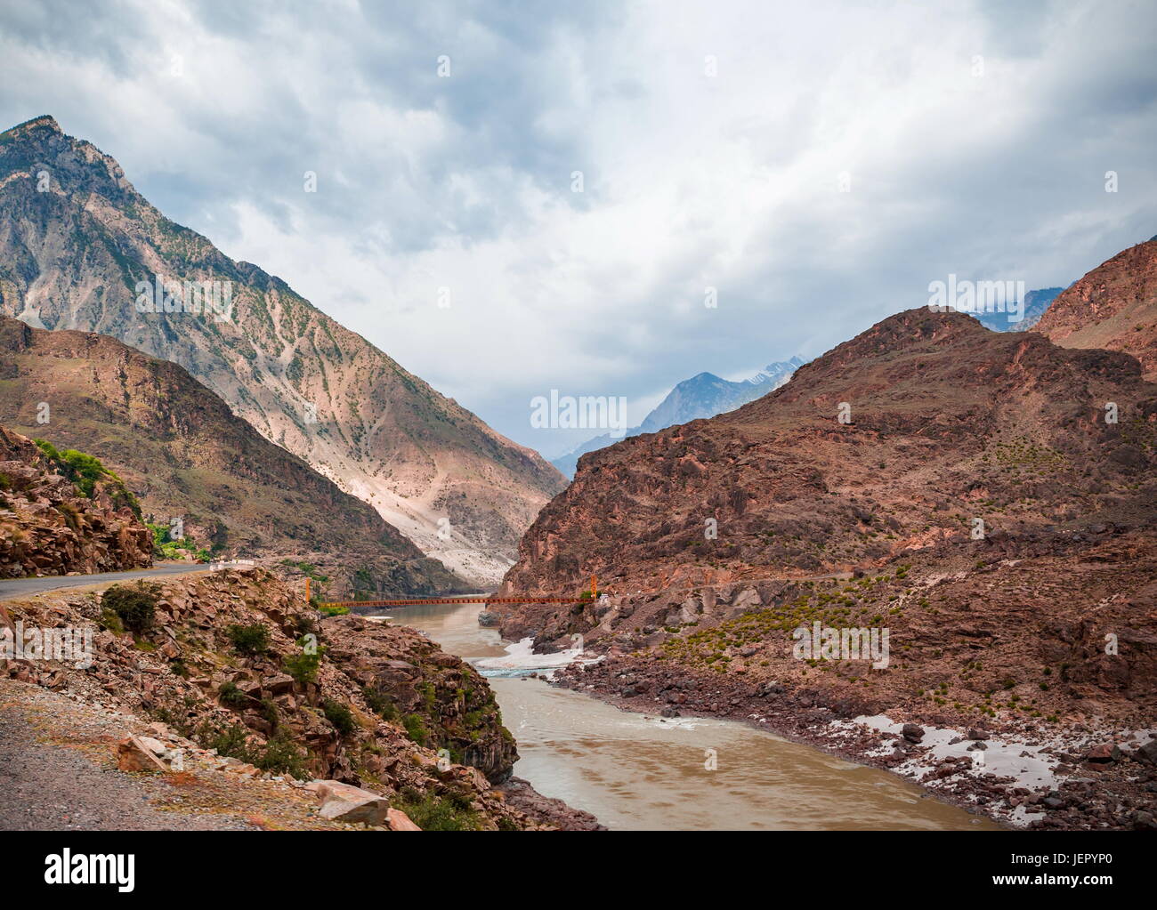 Suspension bridge across the Indus River along the Karakorum Highway in ...