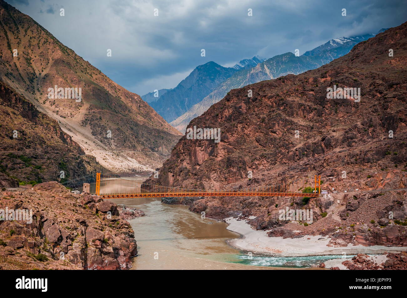 Suspension bridge across the Indus River along the Karakorum Highway in ...