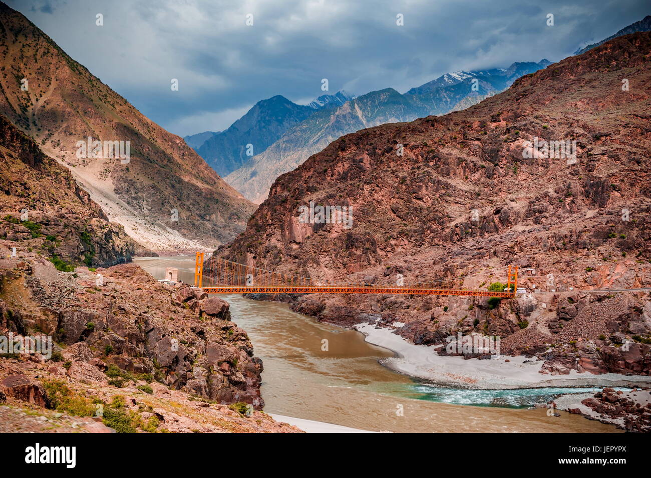 Suspension bridge across the Indus River along the Karakorum Highway in ...