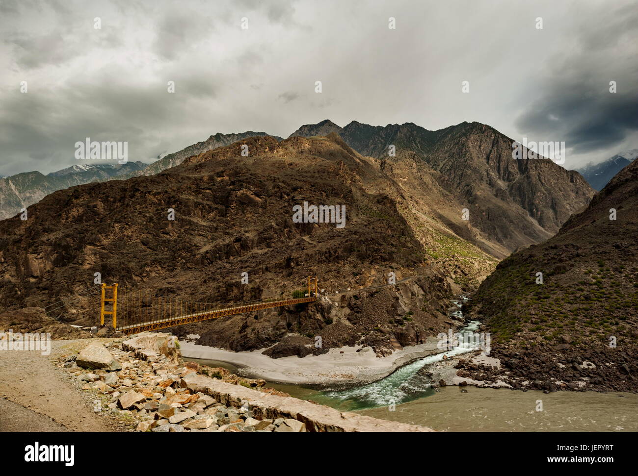 Suspension bridge across the Indus River along the Karakorum Highway in ...