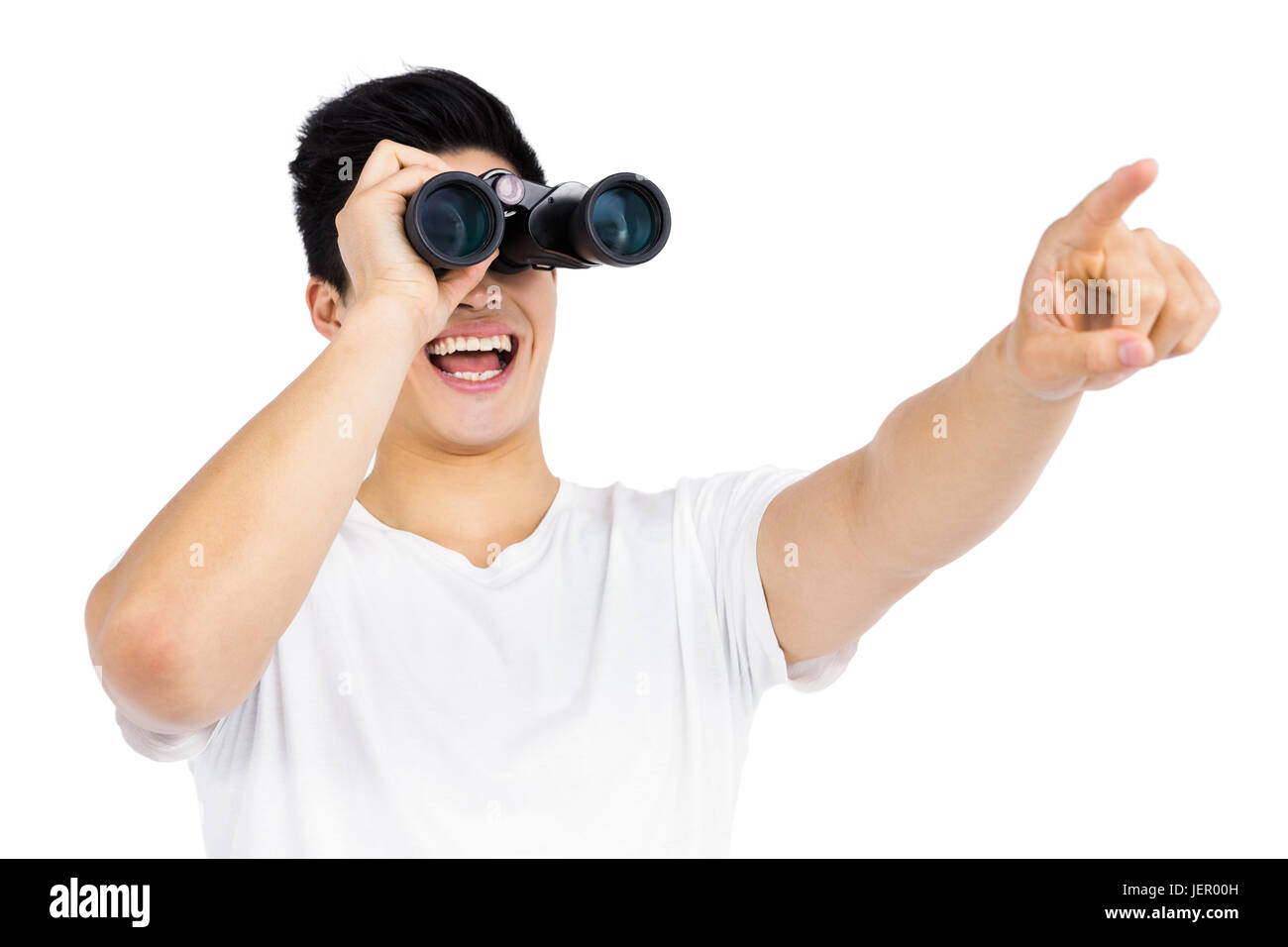 Young man looking through binocular Stock Photo - Alamy