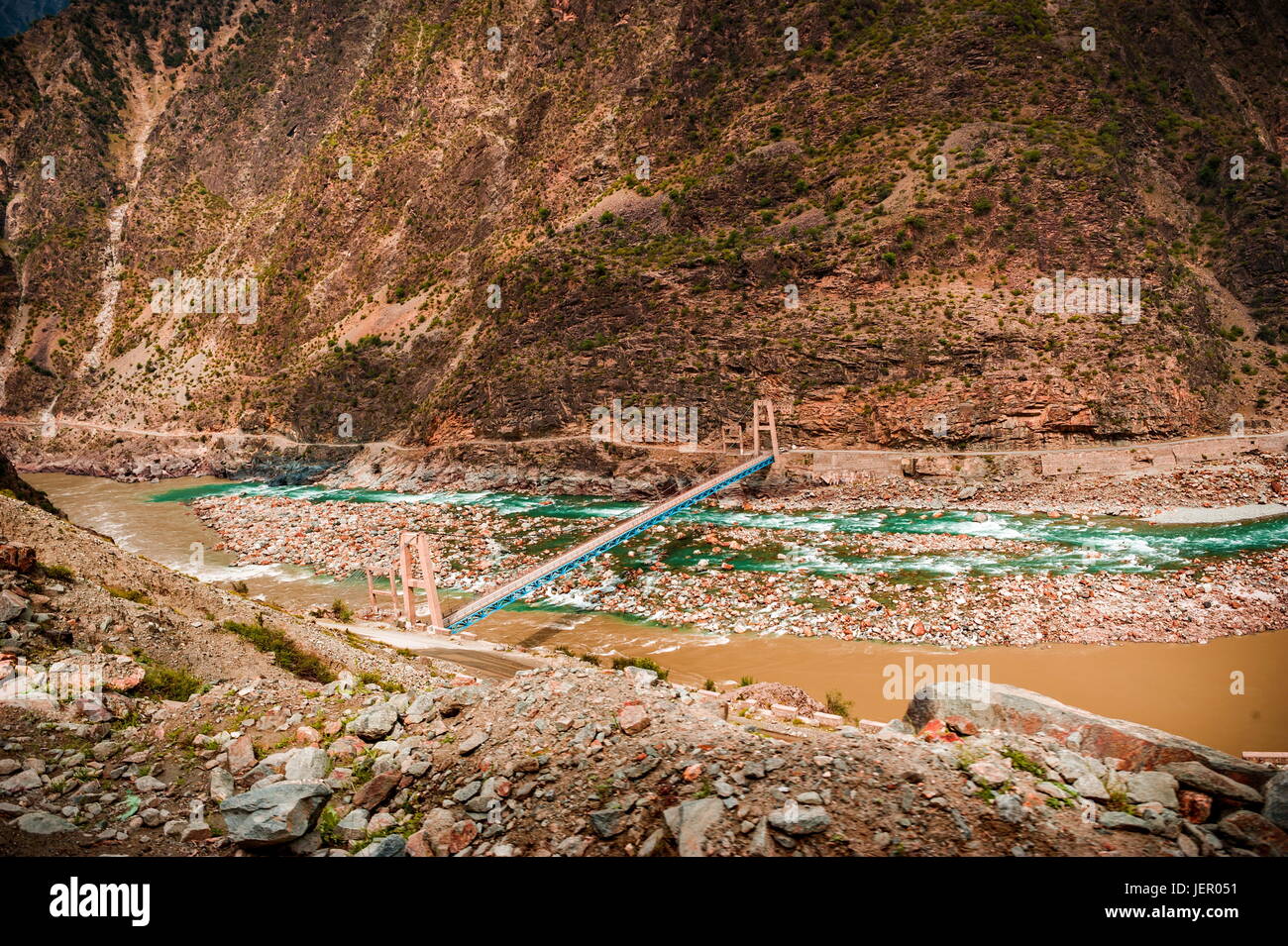 Suspension bridge across the Indus River along the Karakorum Highway in ...