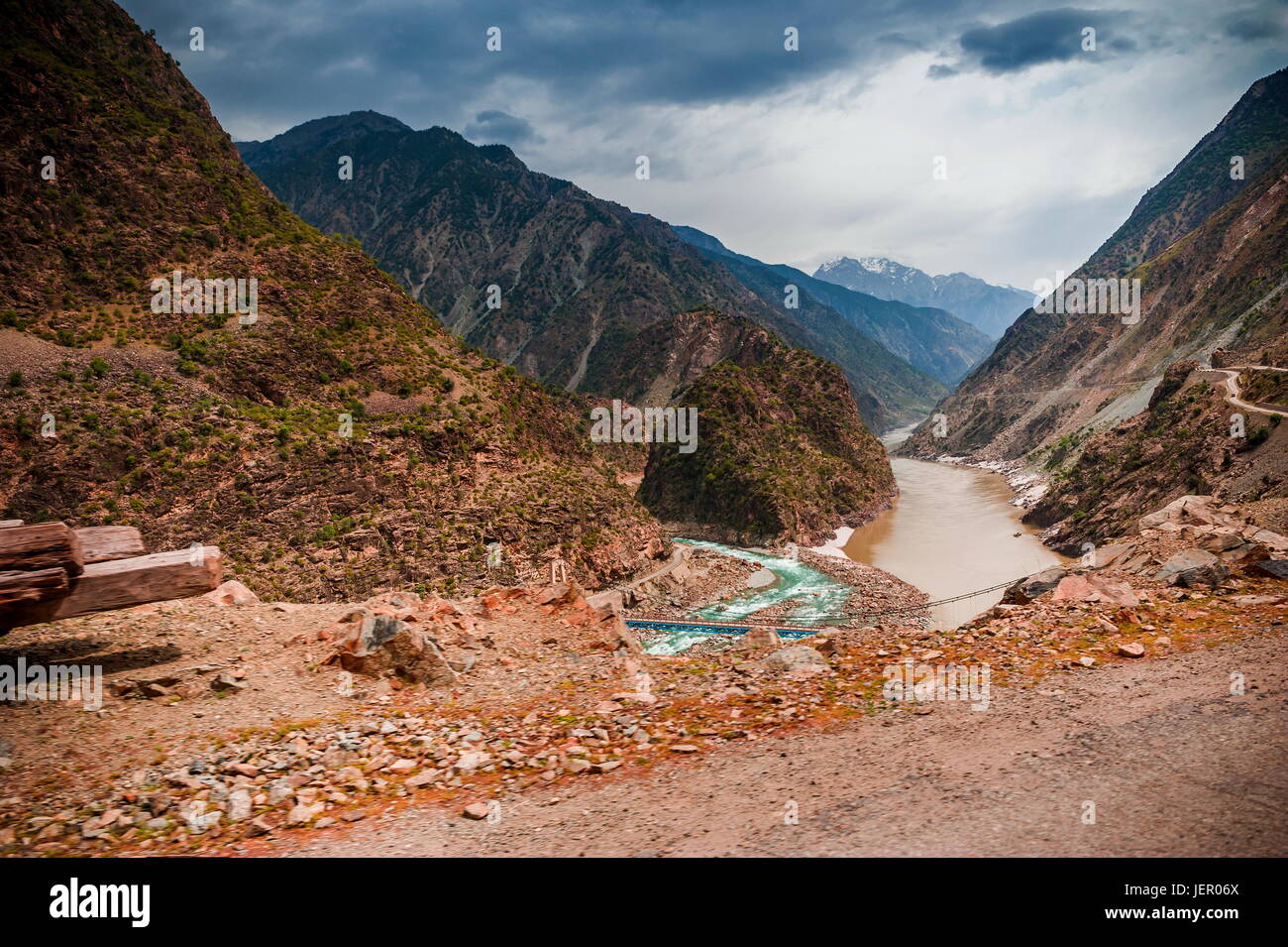 Suspension bridge across the Indus River along the Karakorum Highway in ...