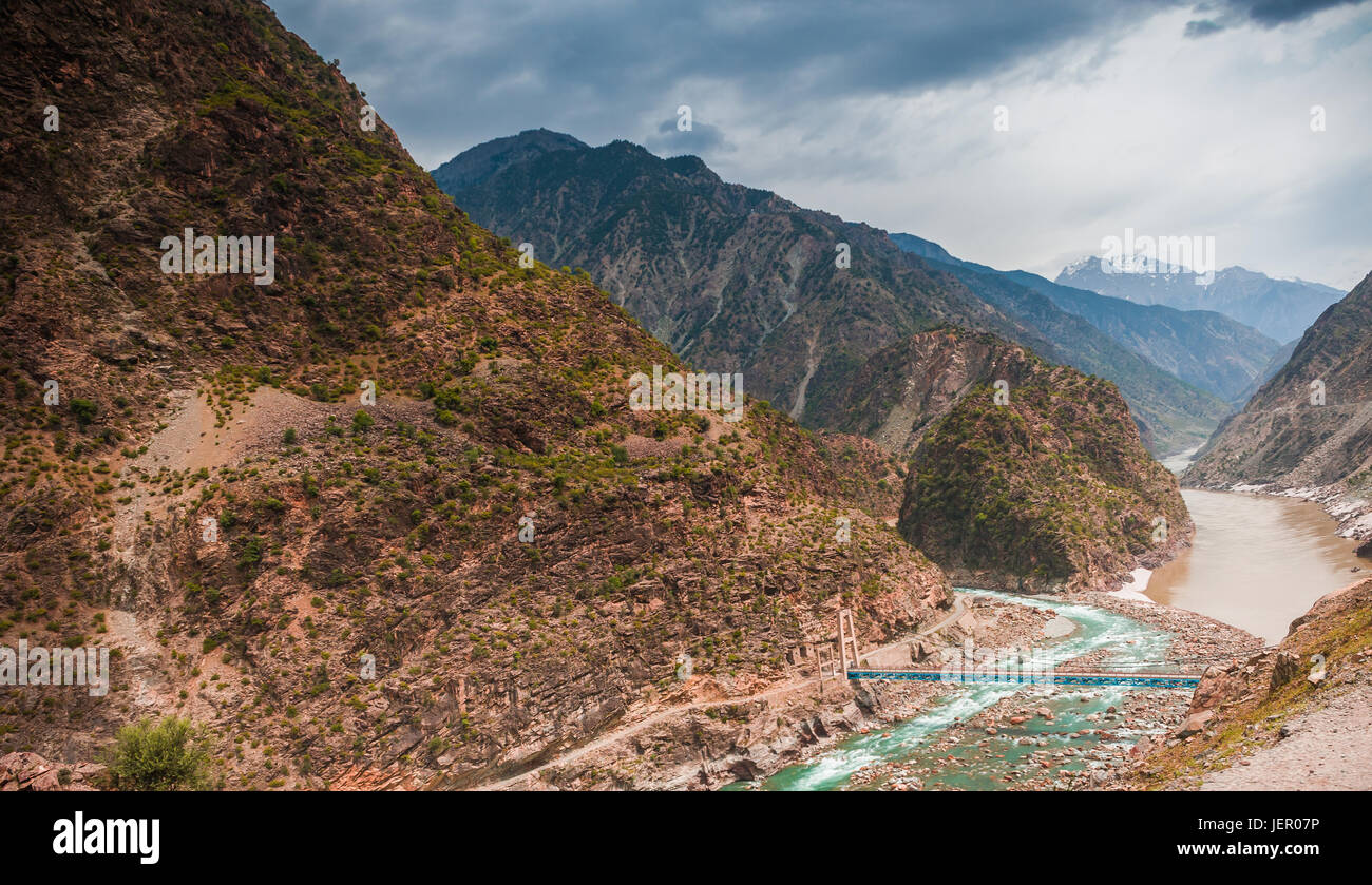 Suspension bridge across the Indus River along the Karakorum Highway in ...
