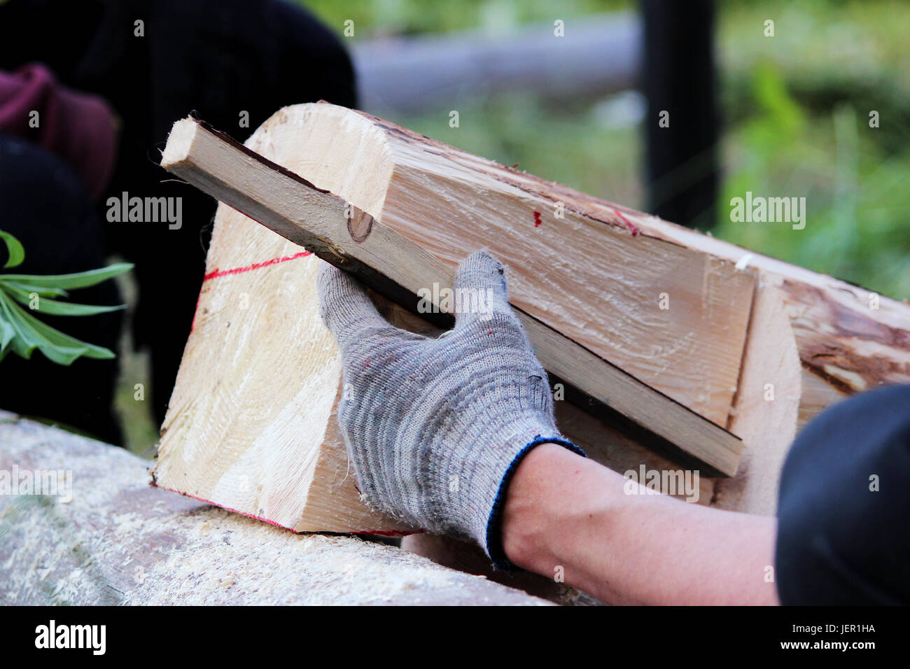 The worker makes a marking on the log before the building of the ...