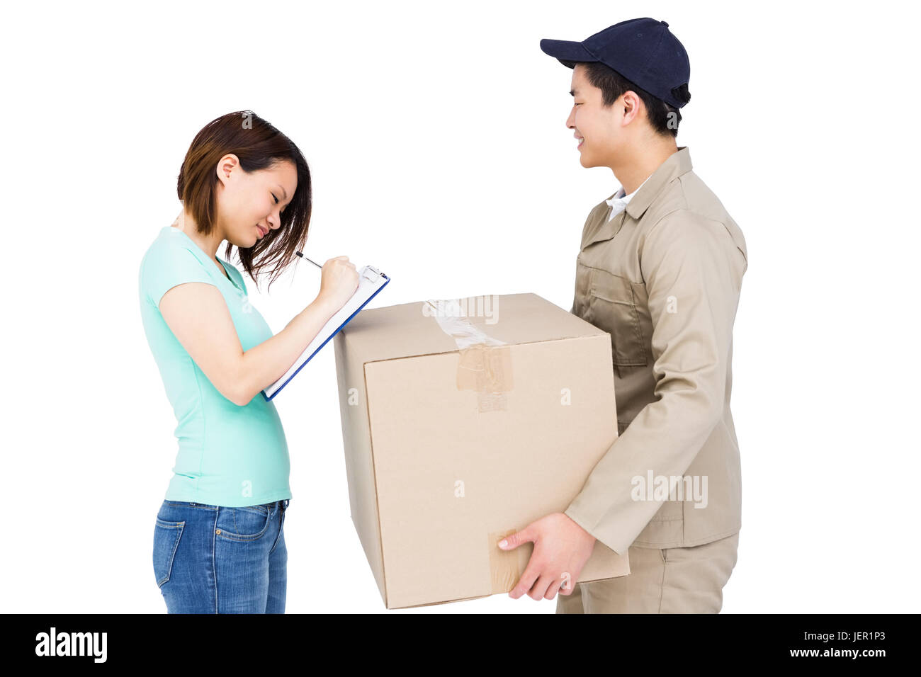 Delivery man with customer Stock Photo - Alamy