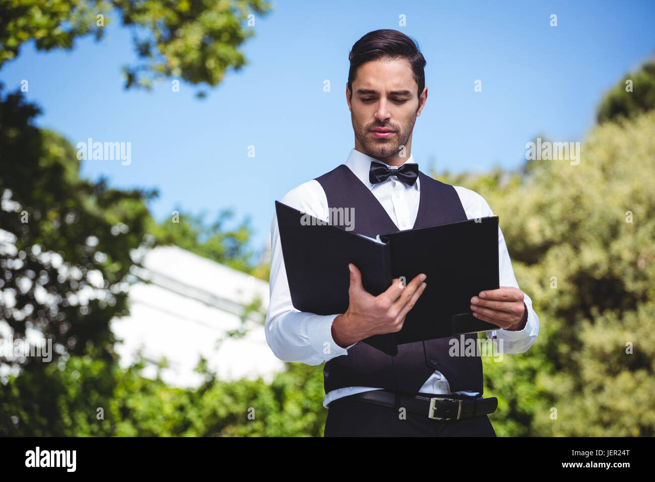 Handsome waiter looking at the menu Stock Photo - Alamy