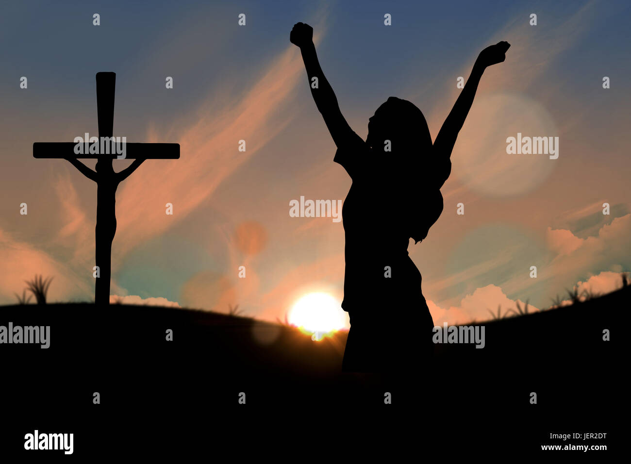 Composite image of cheering female silhouette Stock Photo - Alamy