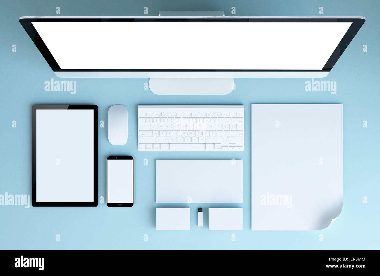 3d rendering of a blue stationary top view with office stuff and ...