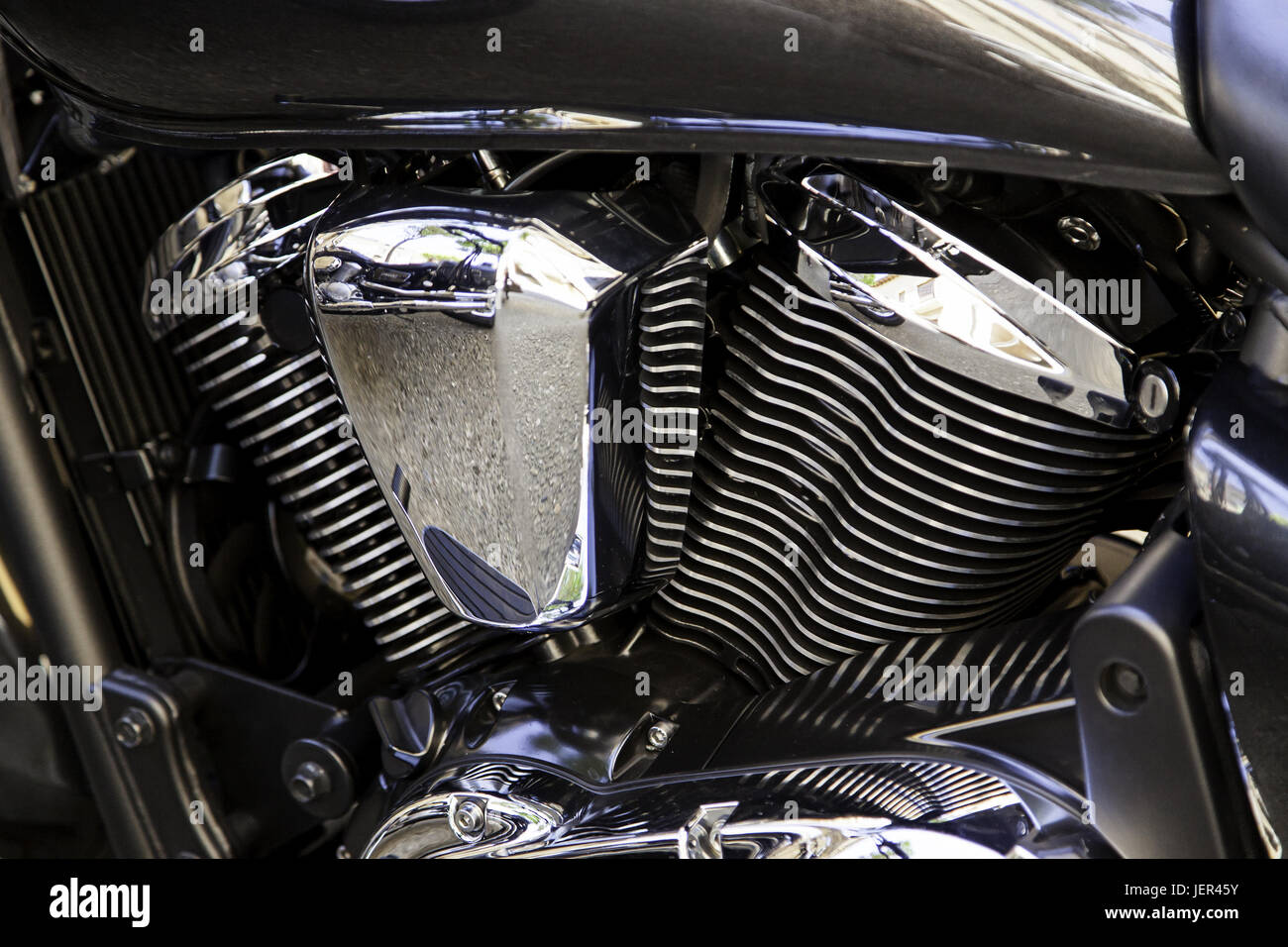 Modern new engine of big displacement motorcycle, detail of speed and ...