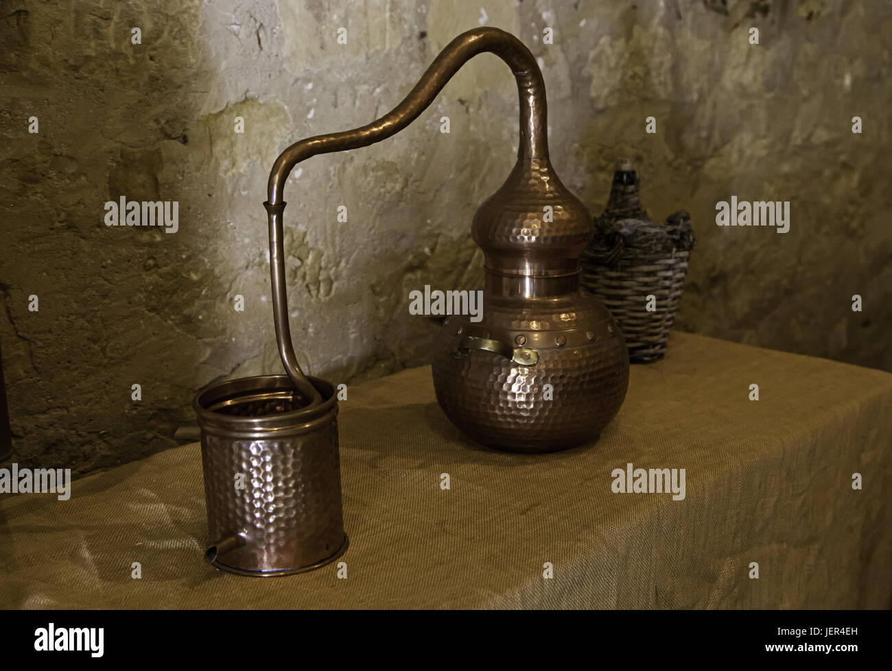Ancient bronze still, detail of ancient tool for distilling alcohol ...