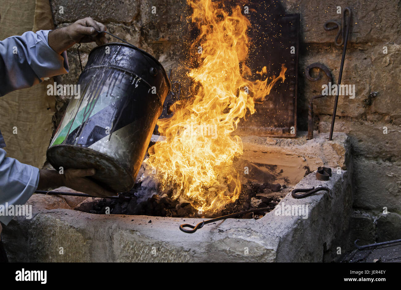 Extinguishing flames with water in the carbon, safety detail Stock ...