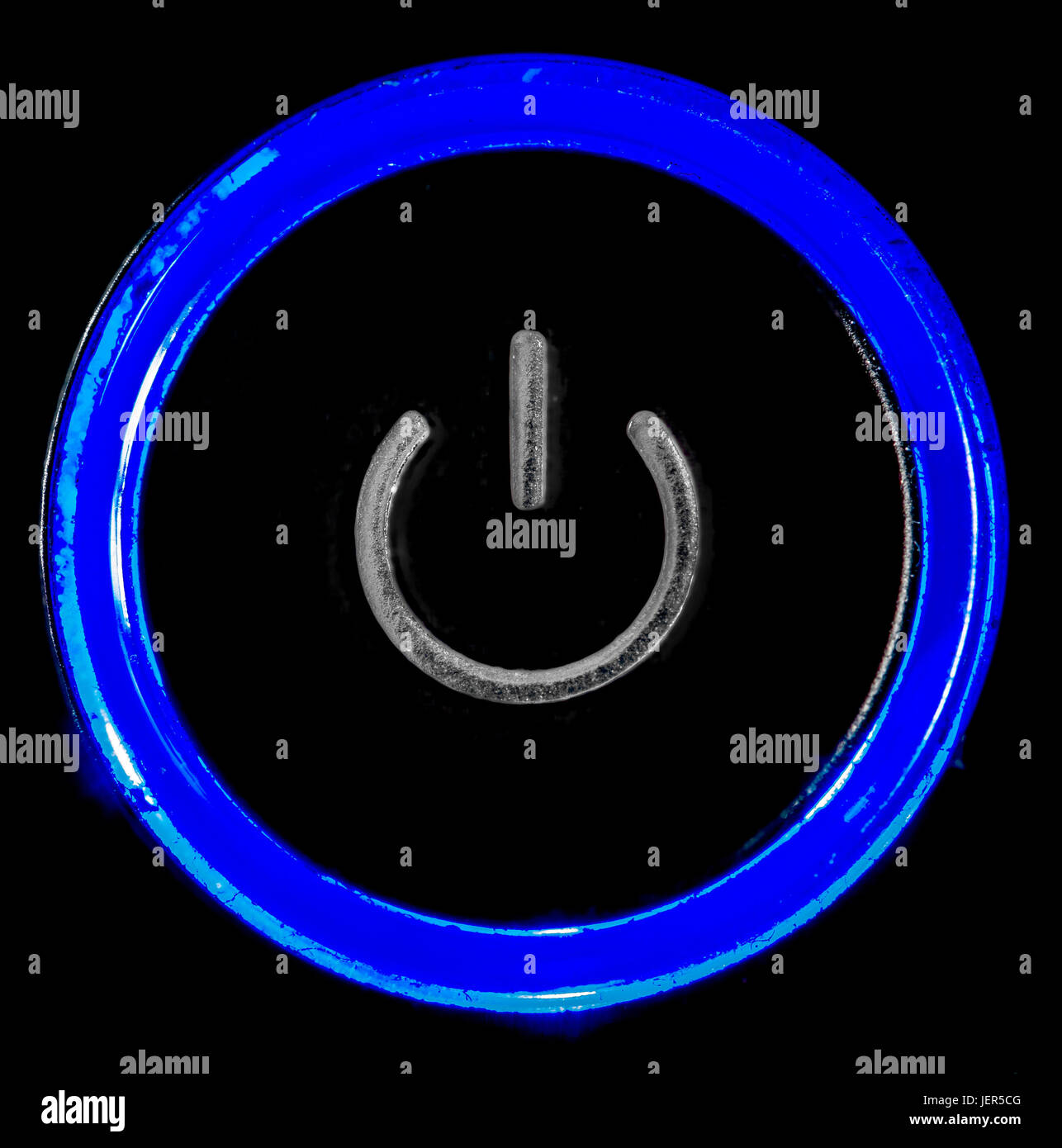 The blue button with the symbol On closeup Stock Photo - Alamy