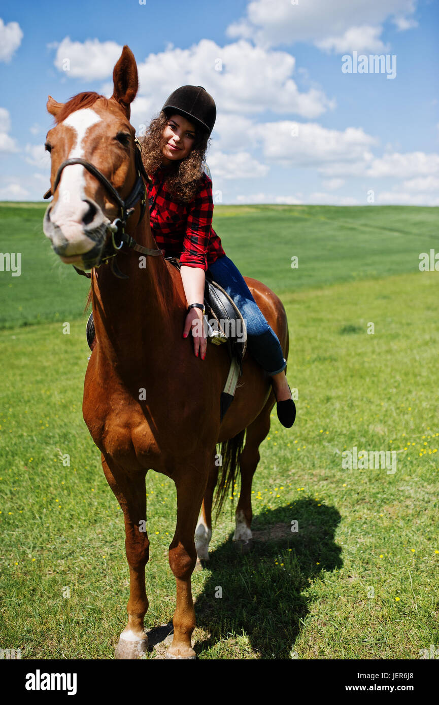Young pretty girl riding a horse on a field at sunny day Stock Photo ...