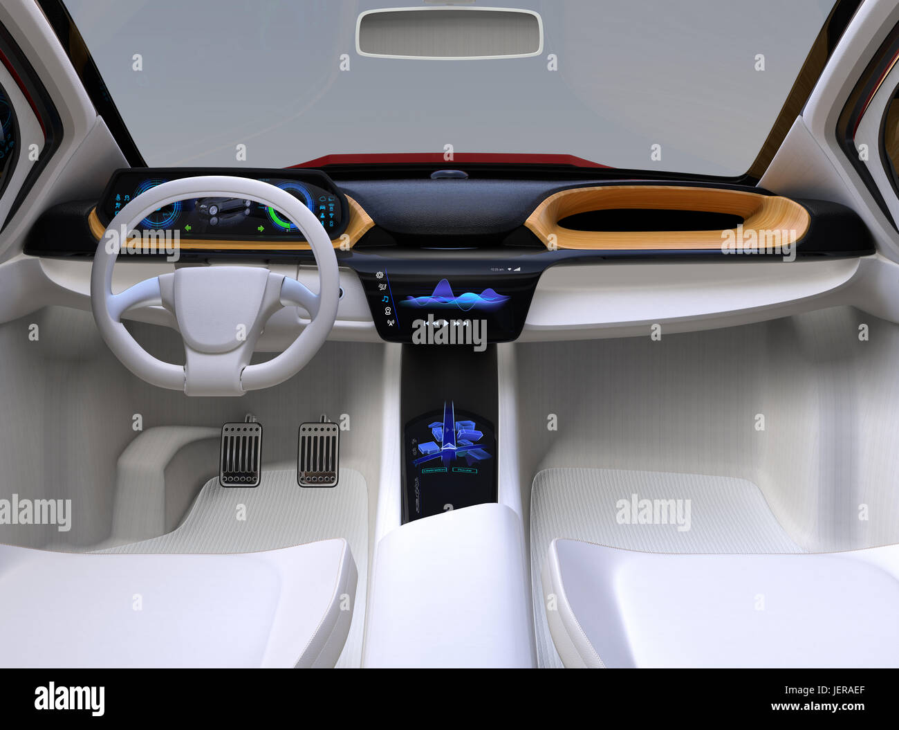 Autonomous car interior concept. The center touch screen display music ...