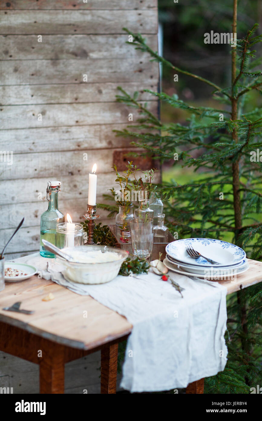 Table with food outdoor Stock Photo - Alamy