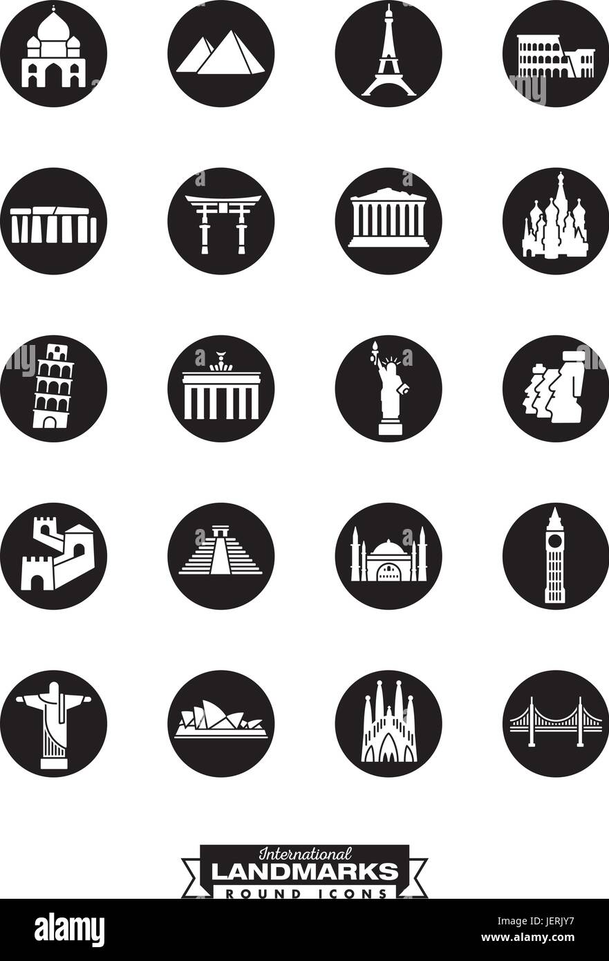 Round black icons collection of international landmarks Stock Vector ...