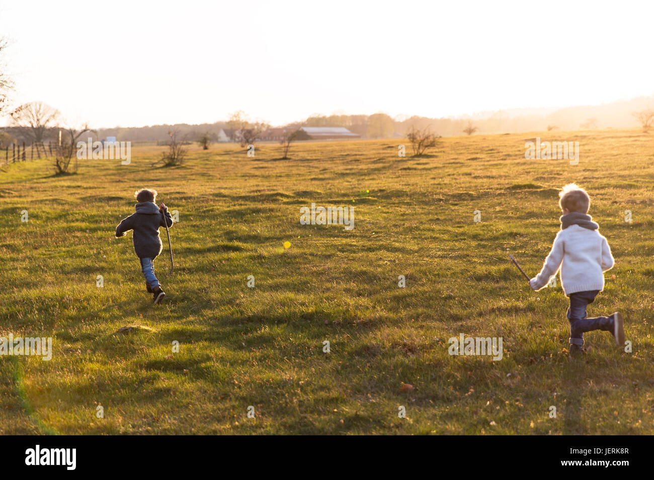 Boys running through meadow Stock Photo - Alamy
