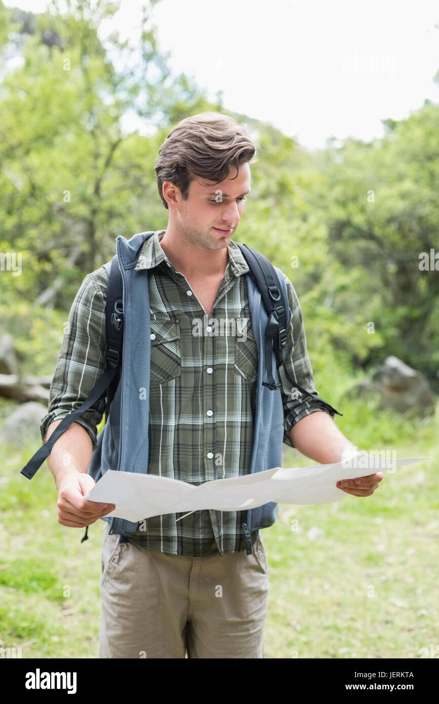 Young man looking at map in forest Stock Photo - Alamy