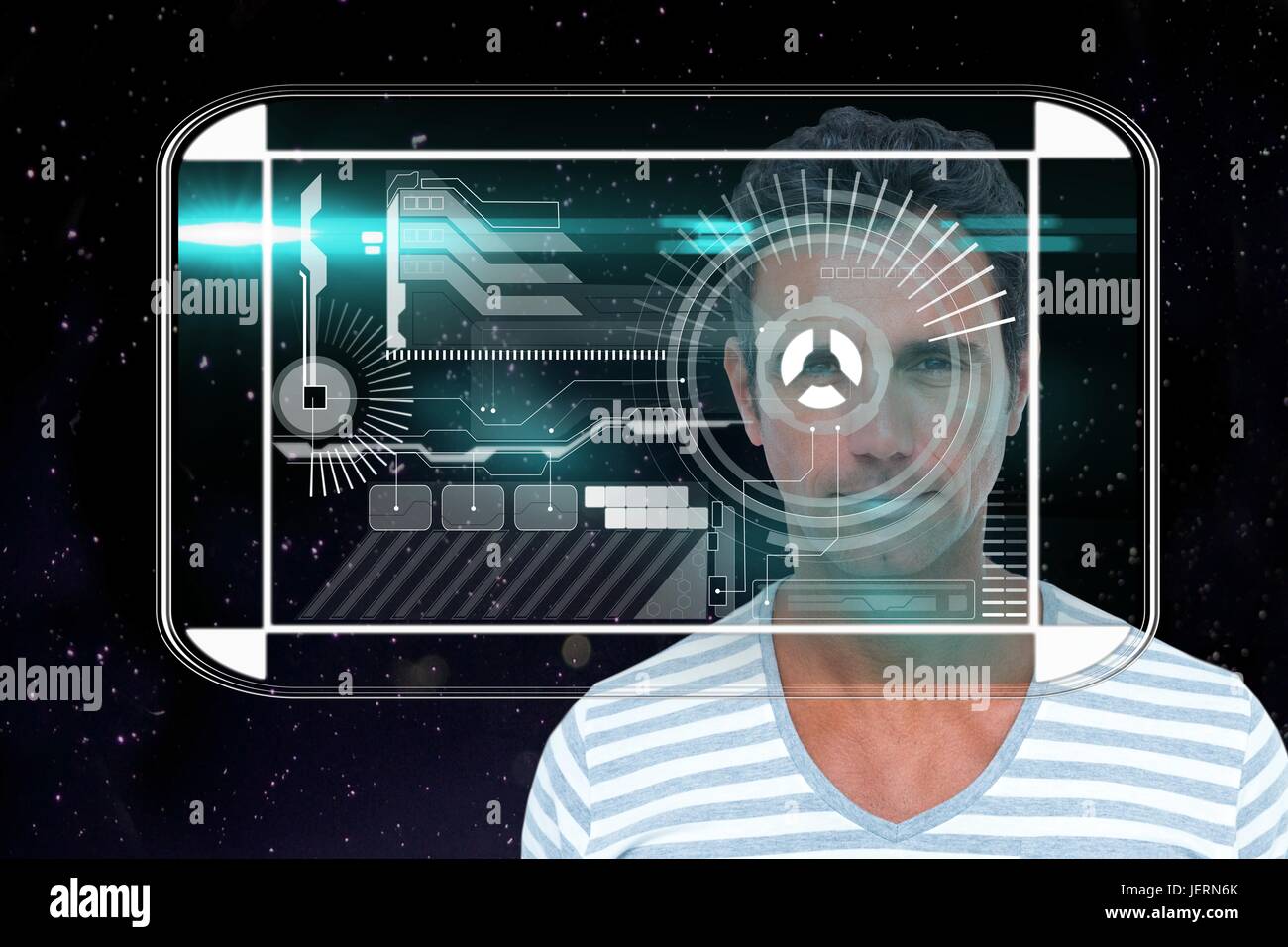 Man looking at tech interface Stock Photo - Alamy