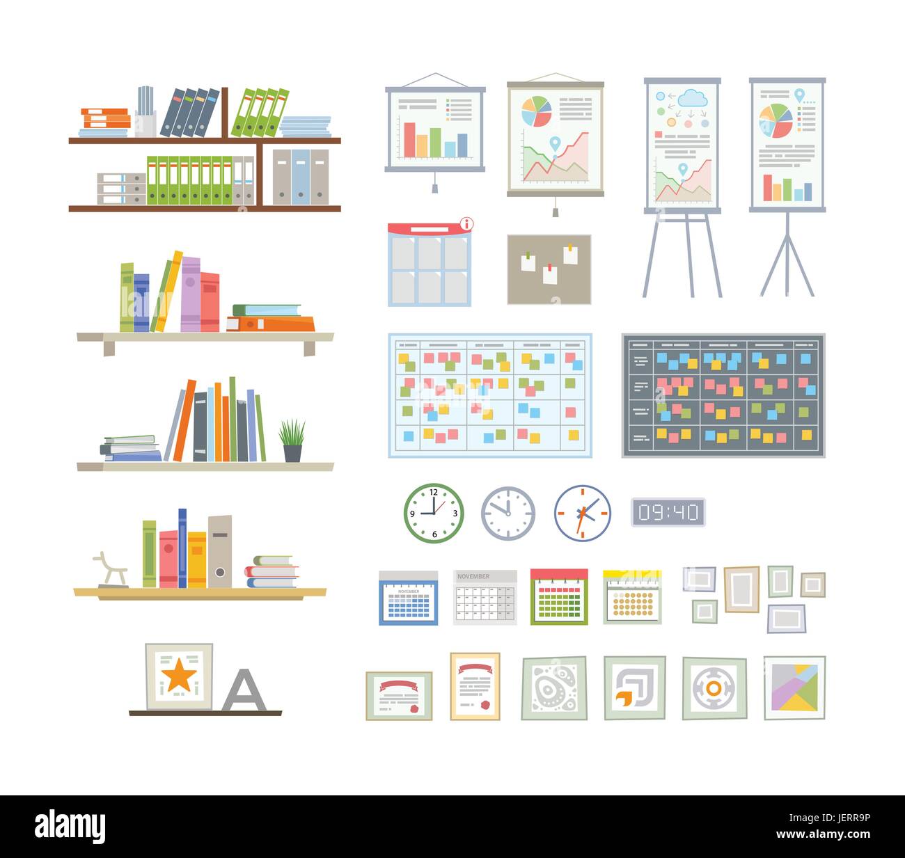 Office Essentials - modern color vector flat icons set. Different books ...