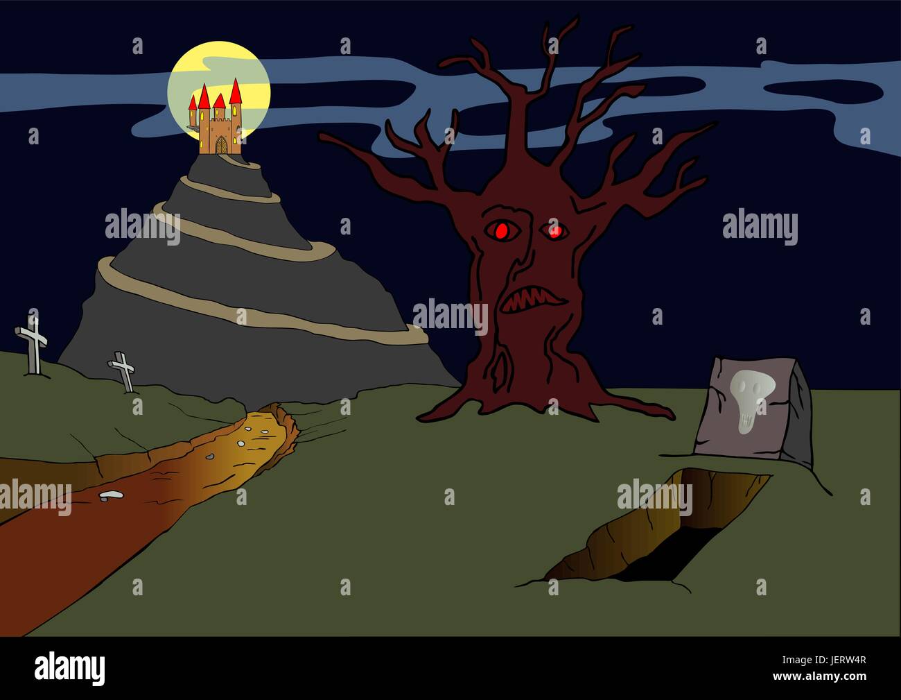 moon, tomb, ghost, castle, vector, crypt, chateau, hill, night ...