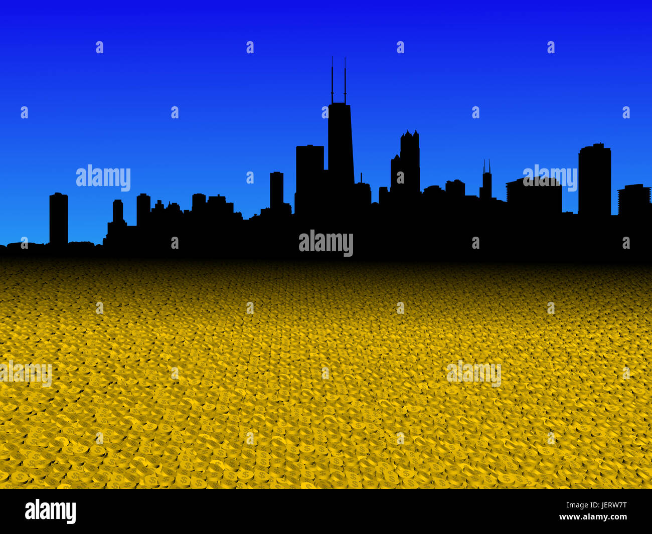 Chicago skyline with golden dollar coins foreground illustration Stock ...