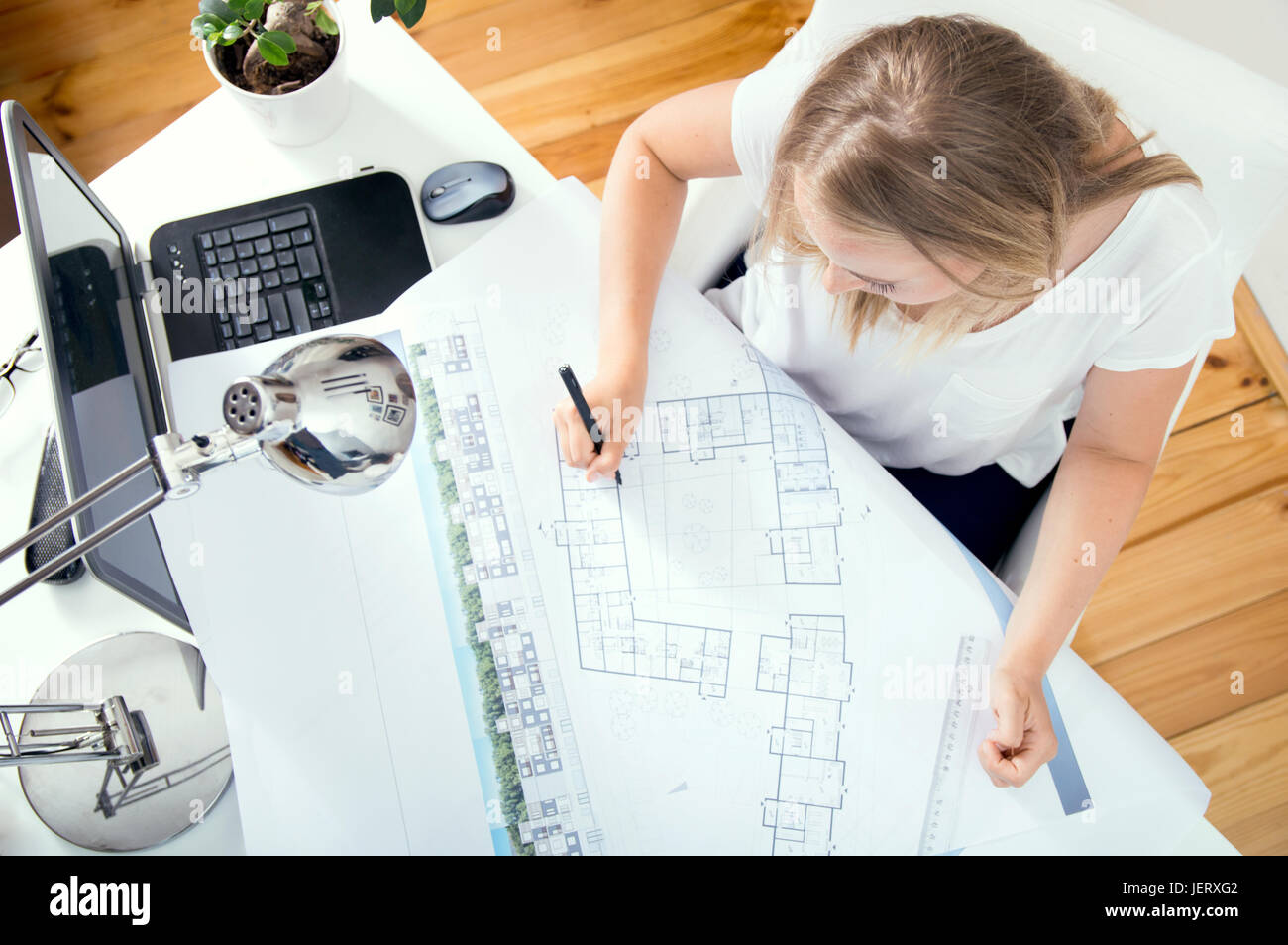 Top view at architect's desk where architect is working Stock Photo - Alamy