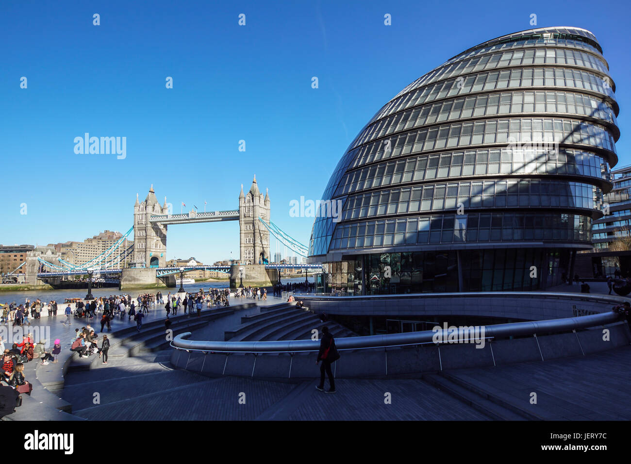 LONDON, ENGLAND - MARCH, 2017. London City Hall and Tower Bridge with ...