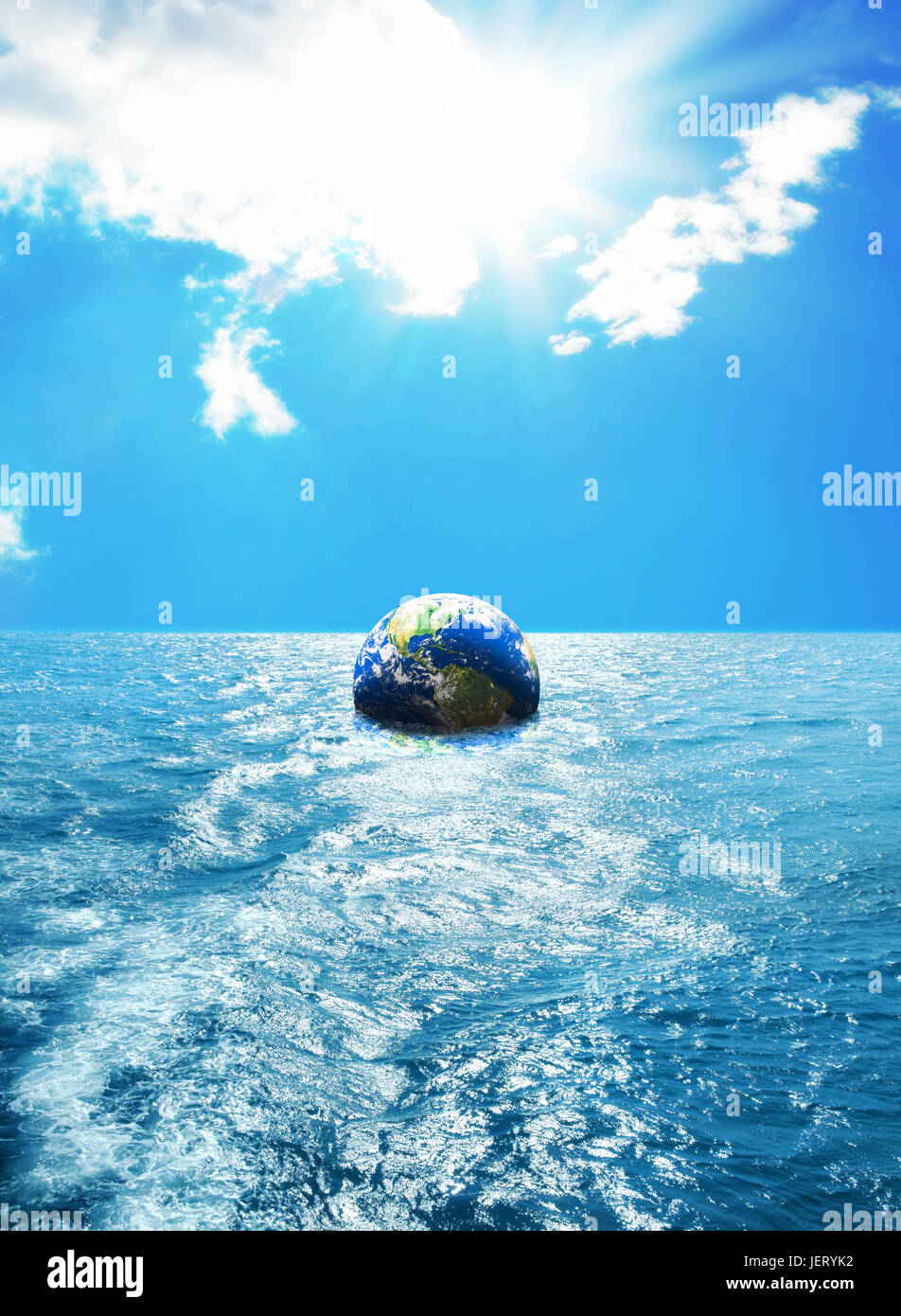 Globe floating on sea over sunny background. Furnished NASA globe image ...