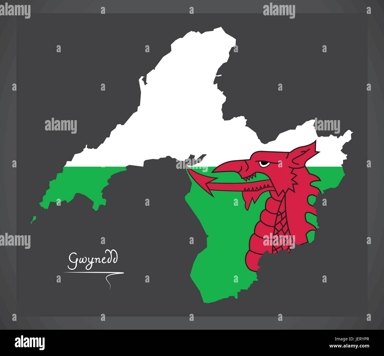 Gwynedd Wales map with Welsh national flag illustration Stock Vector ...