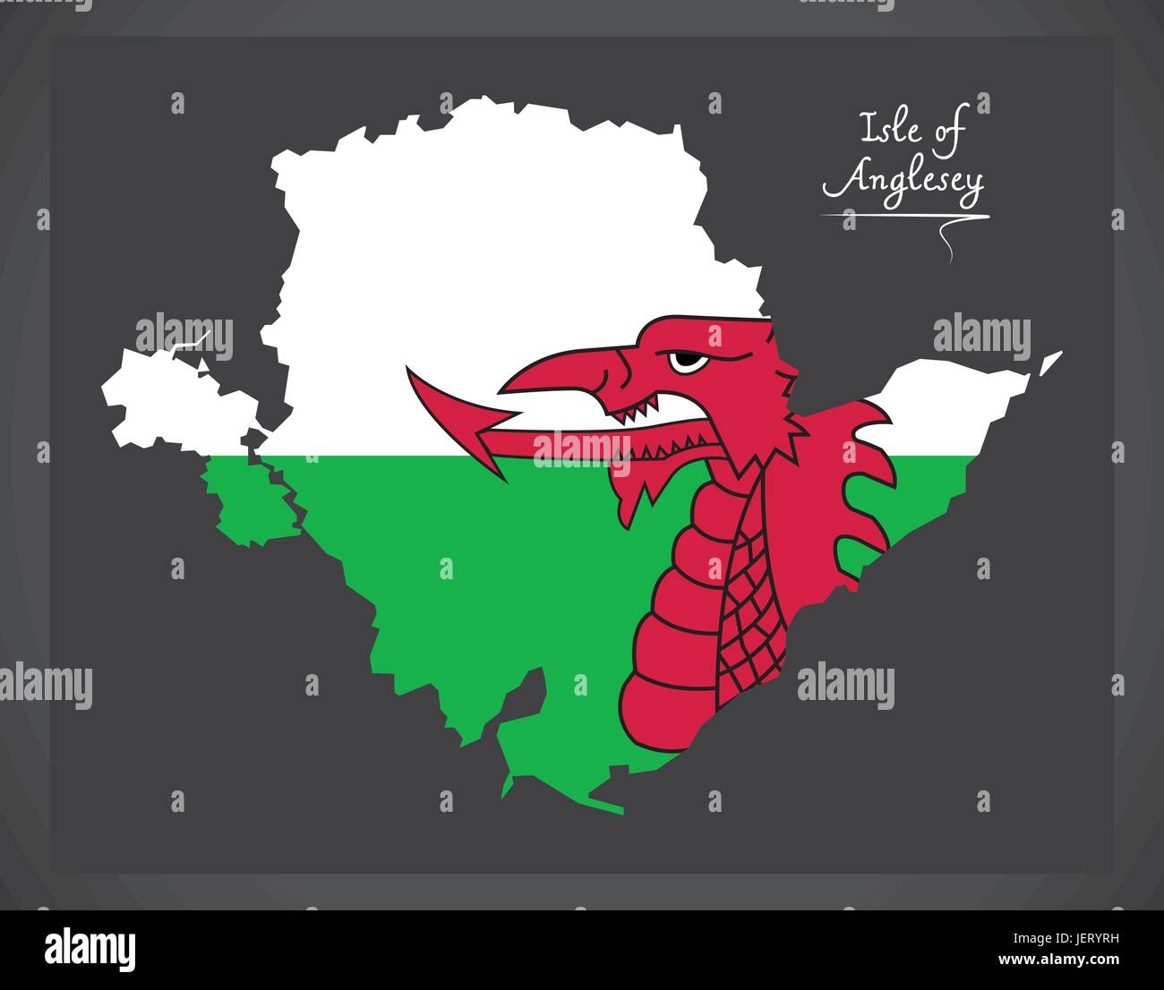 Isle of Anglesey Wales map with Welsh national flag illustration Stock ...