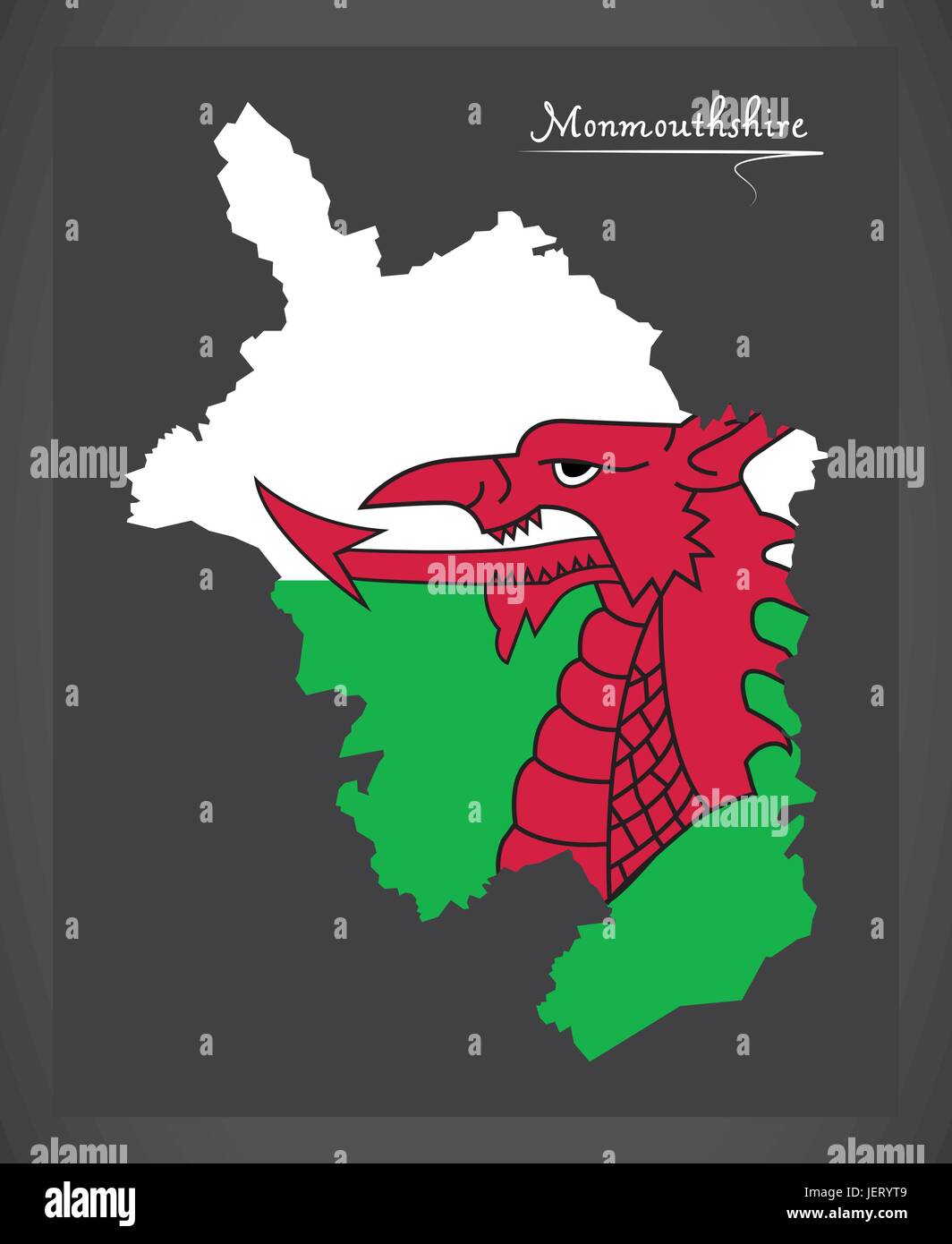 Monmouthshire Wales map with Welsh national flag illustration Stock ...