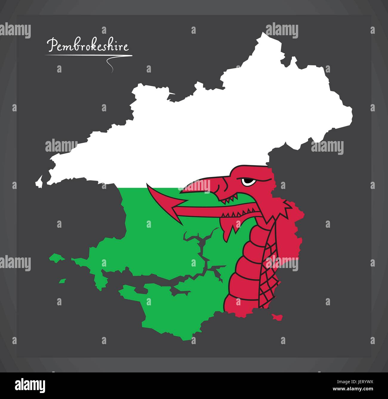 Pembrokeshire Wales map with Welsh national flag illustration Stock ...