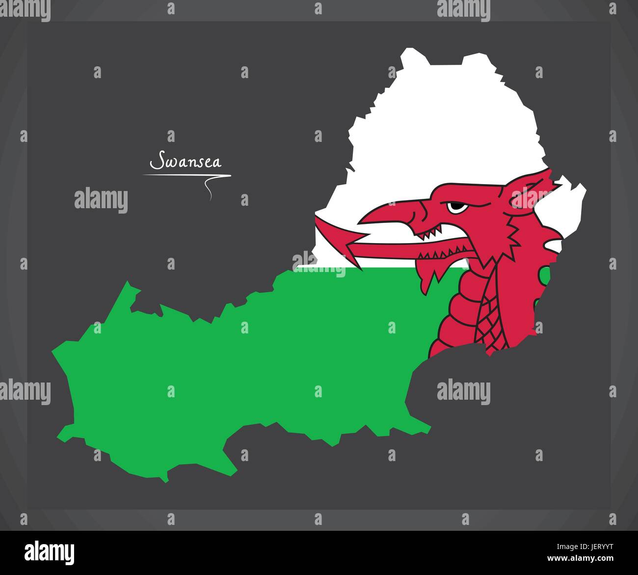 Swansea Wales map with Welsh national flag illustration Stock Vector ...